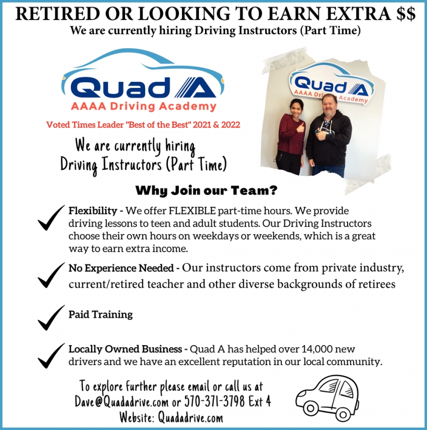We Are Currently Hiring Driving Instructors, Quad A Driving Academy
