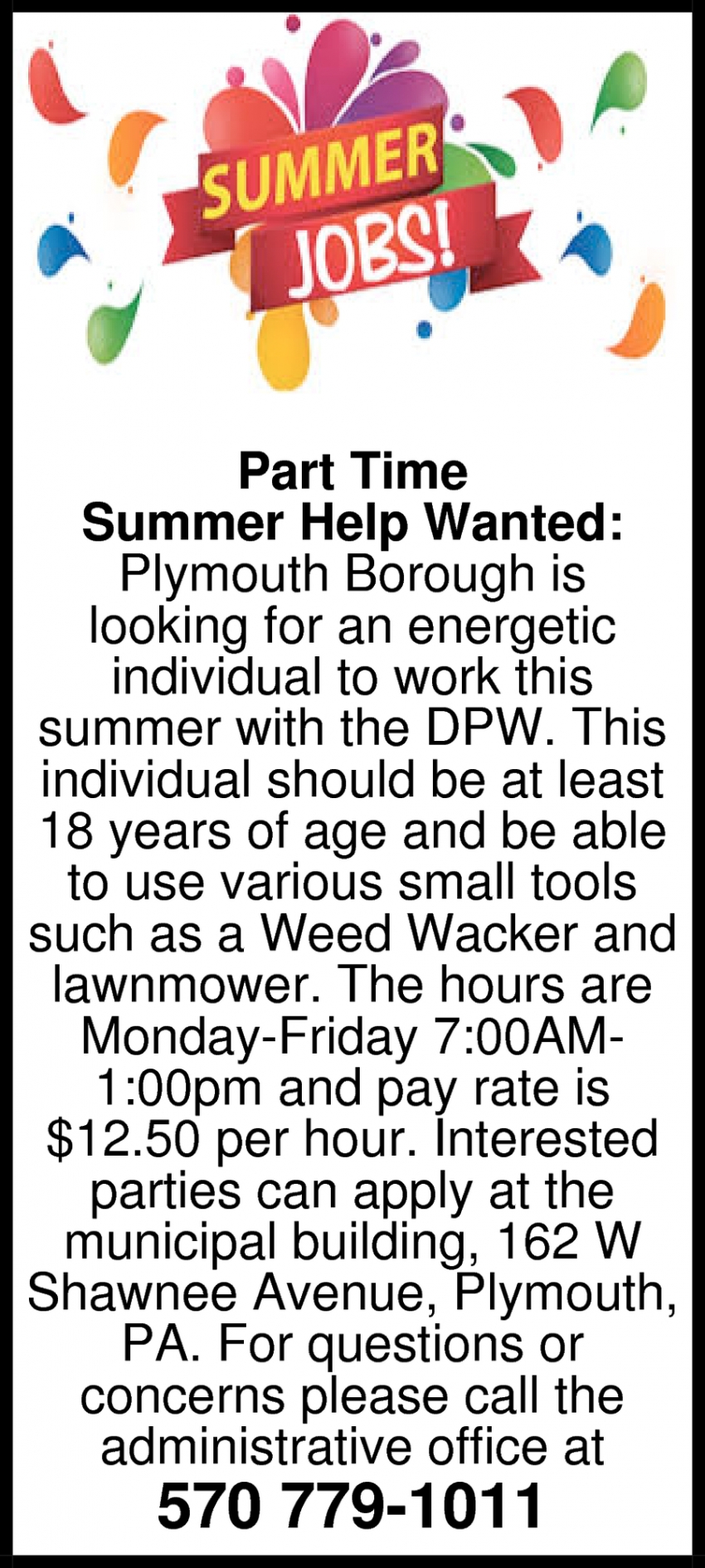 Summer Help Wanted, Plymouth Borough, Plymouth, PA