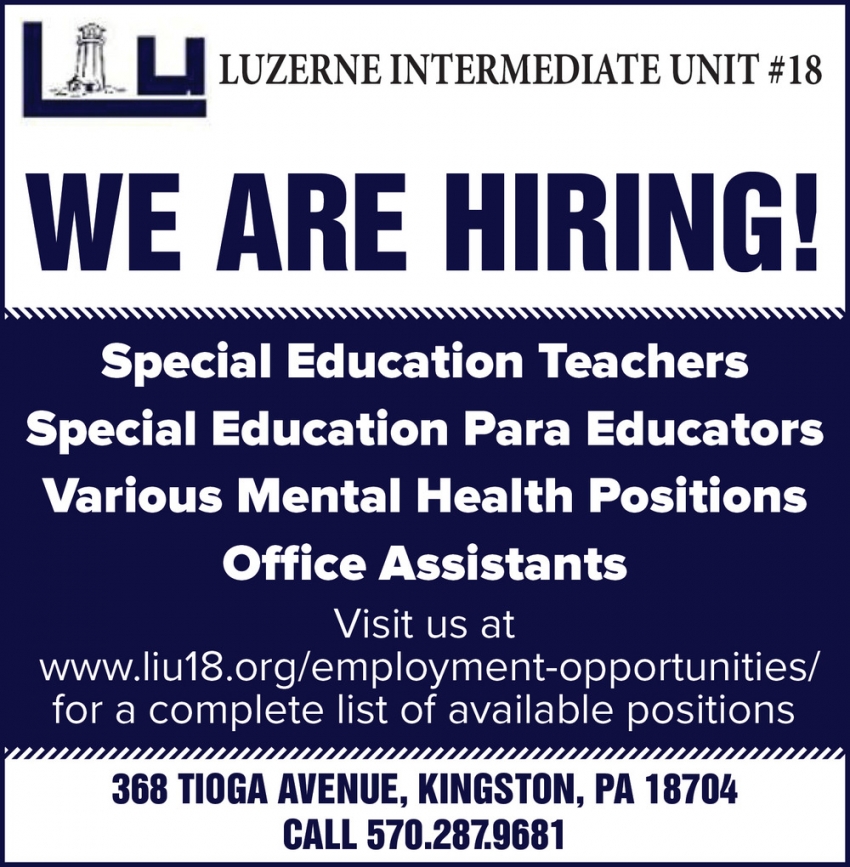 Special Education Teachers, Luzerne Intermediate Unit, Kingston, PA
