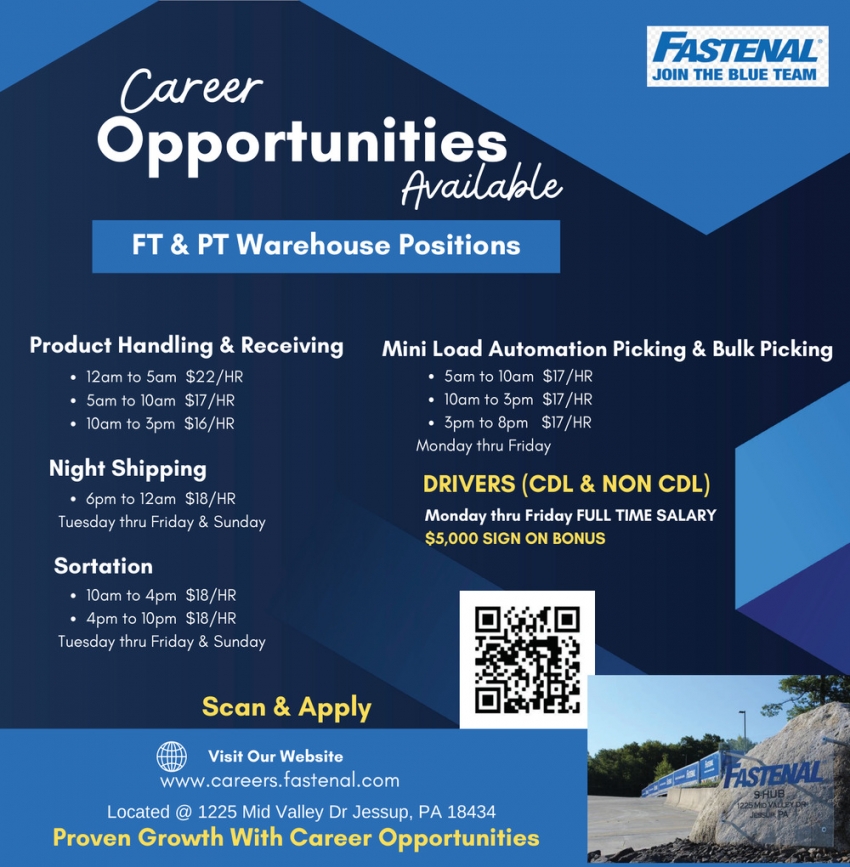 Product Handling & Receiving, Fastenal Company, Mc Elhattan, PA